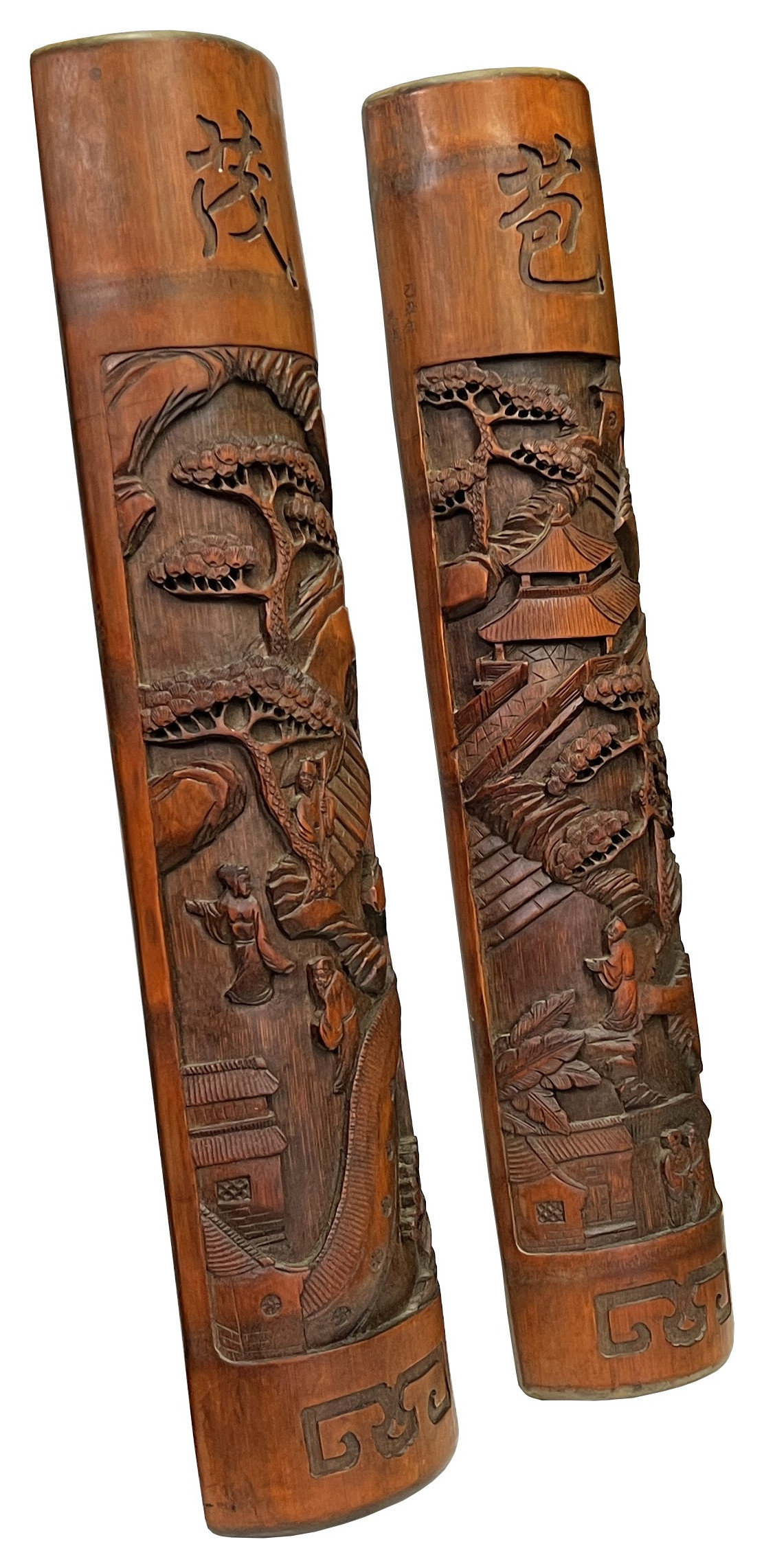 Pair Hand Carved Chinese Bamboo Calligraphy Landscape Panel Hws3048 ...