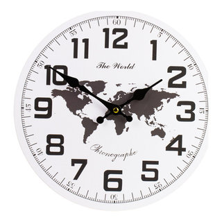 12" White and Black Battery Operated Round Wall Clock With Continent ...