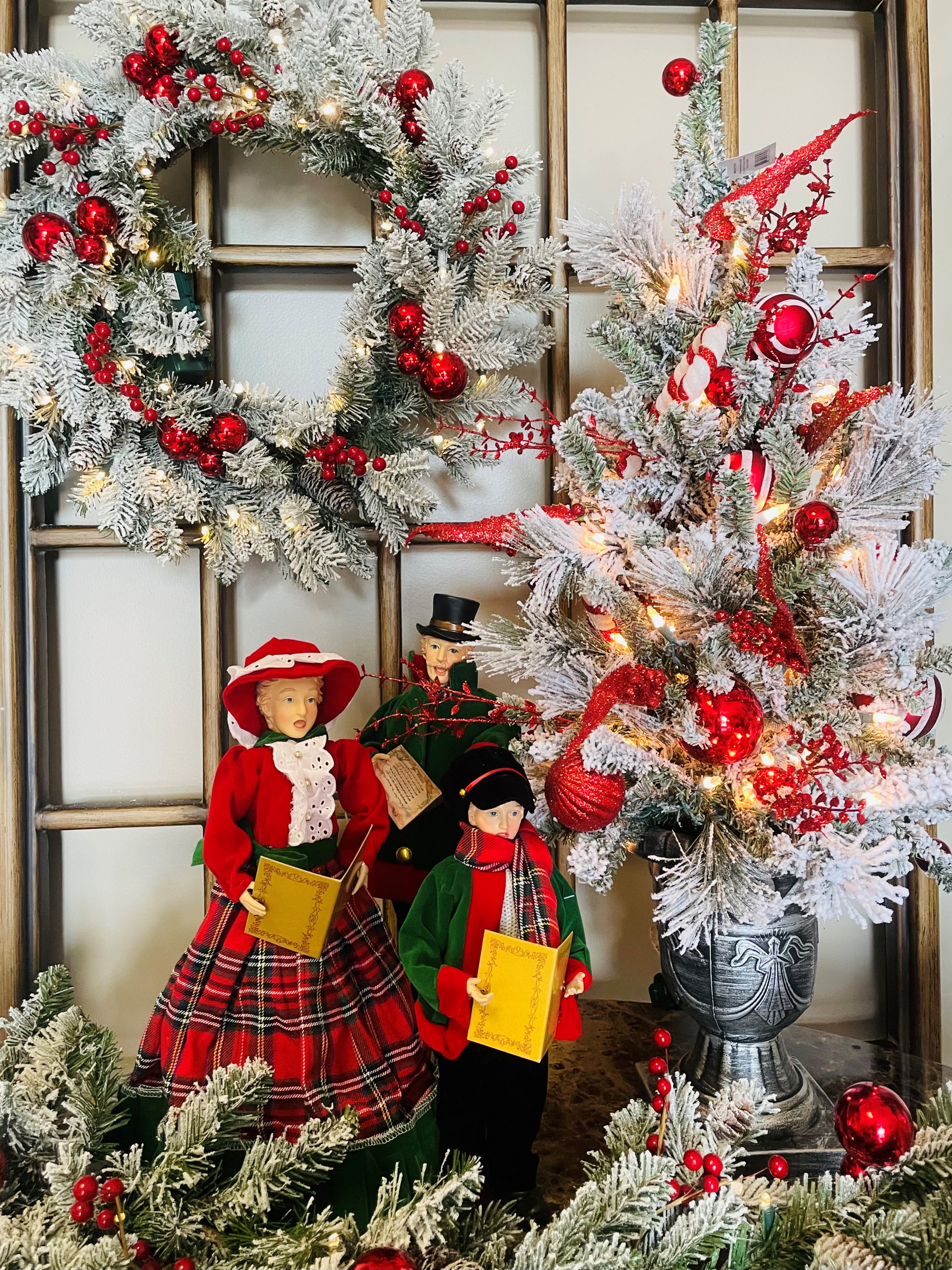 Flocked Lighted Table Top Tree With Red and White Ornaments, 36 ...