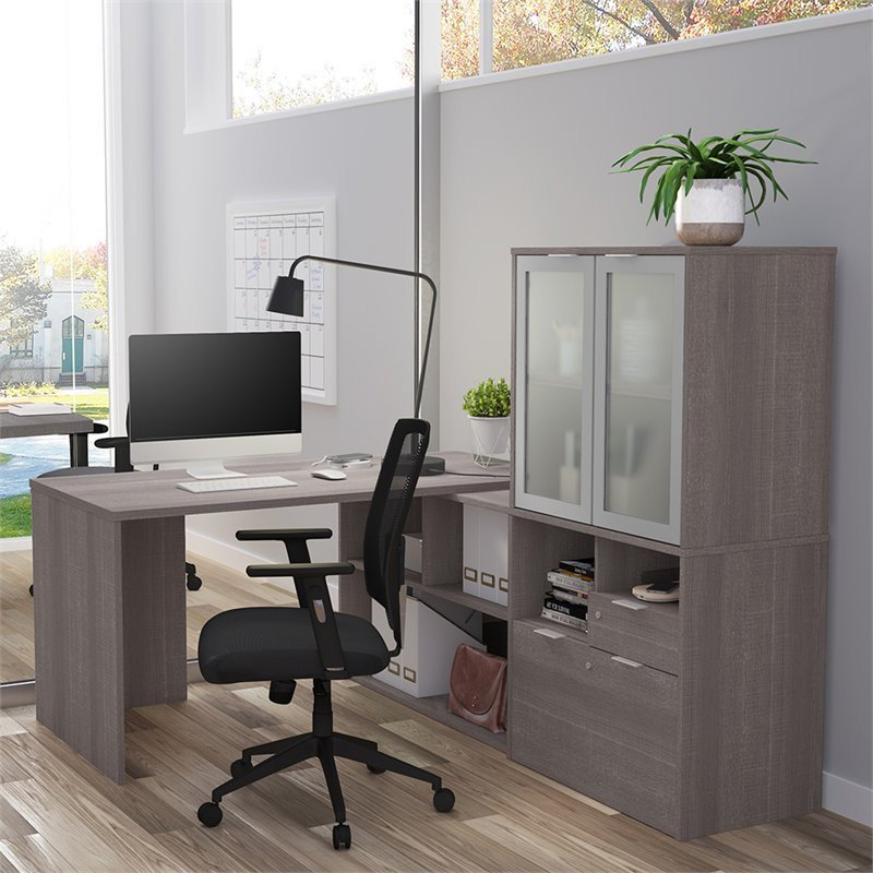 Bestar i3 Plus L Shape Computer Desk with Hutch in Bark Gray ...