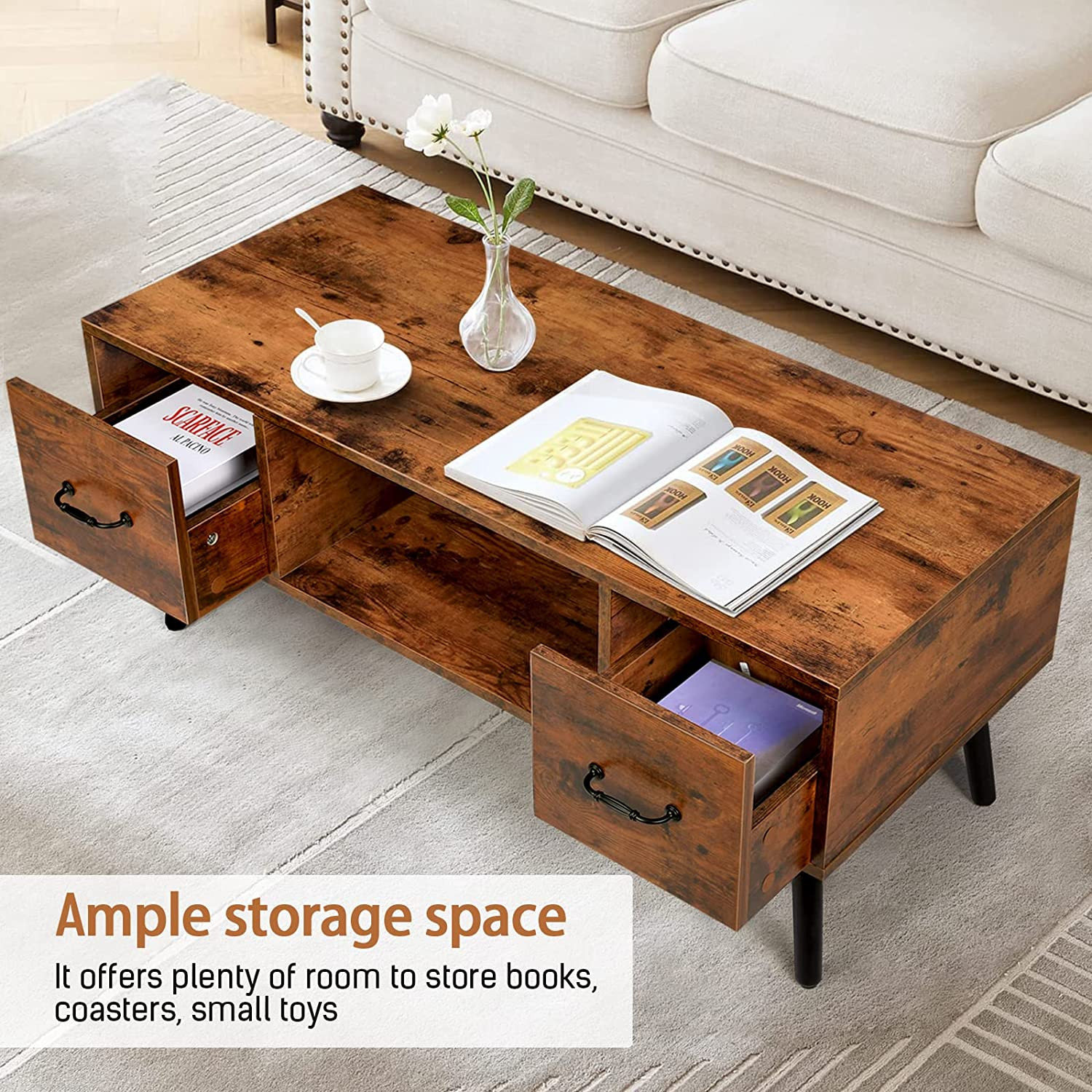 2-Tier Coffee Table with 2 Drawers and Open Storage Shelf ...