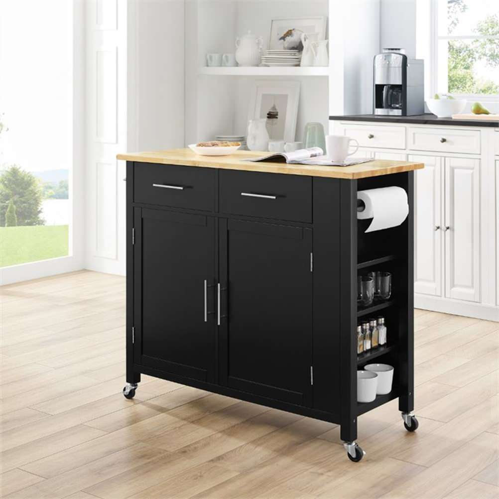 Pemberly Row Contemporary Wood Top Kitchen Island Cart in Black ...