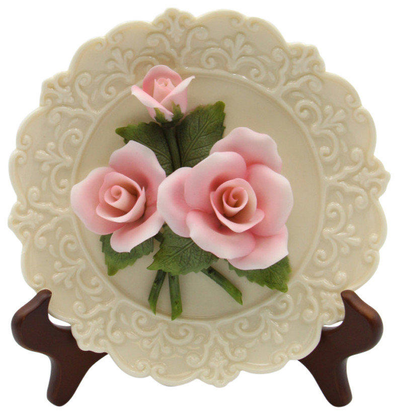 Porcelain Rose Plaque with wood stand - Traditional - Decorative Plates ...