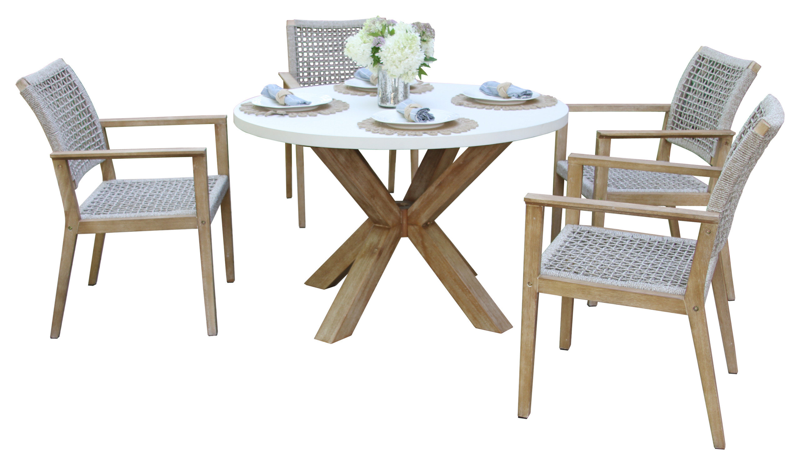 48" Ivory Composite Dining Table With 4 Wheat Rope Chairs - Beach Style ...