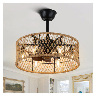 18' Rustic Rope-Woven Caged Ceiling Fan 3-speed with Light and Remote ...
