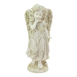 10.25" Angel Girl With Floral Crown Patio Garden Statue - Traditional ...