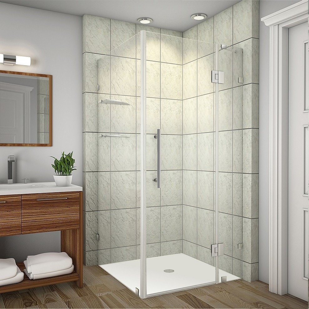 AvaluxGS Frameless Shower Enclosure With Shelves, Stainless Steel, 33 ...