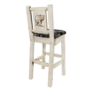 Barstool With Back, Woodland Upholstery, With Laser Engraved Bear ...