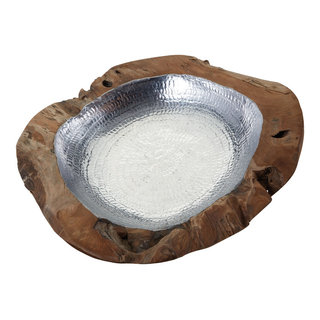 Round Teak Bowl With Aluminum Insert - Large - Rustic - Decorative ...