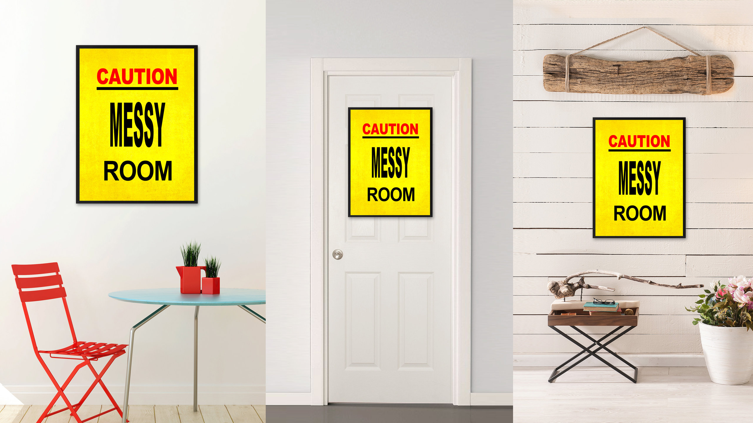 "Caution Messy Room" Sign Yellow Print on Canvas with Picture Frame, 28 ...