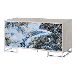 White Marble Print Console Cabinet with 4 Doors in Blue and Chrome ...