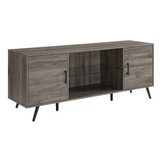 Modern Media Console, 60" With Center Glass Shelf & 2 Cabinets, Cord ...