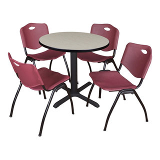 Cain 30 Round Breakroom Table- Maple & 4 'M' Stack Chairs- Burgundy ...