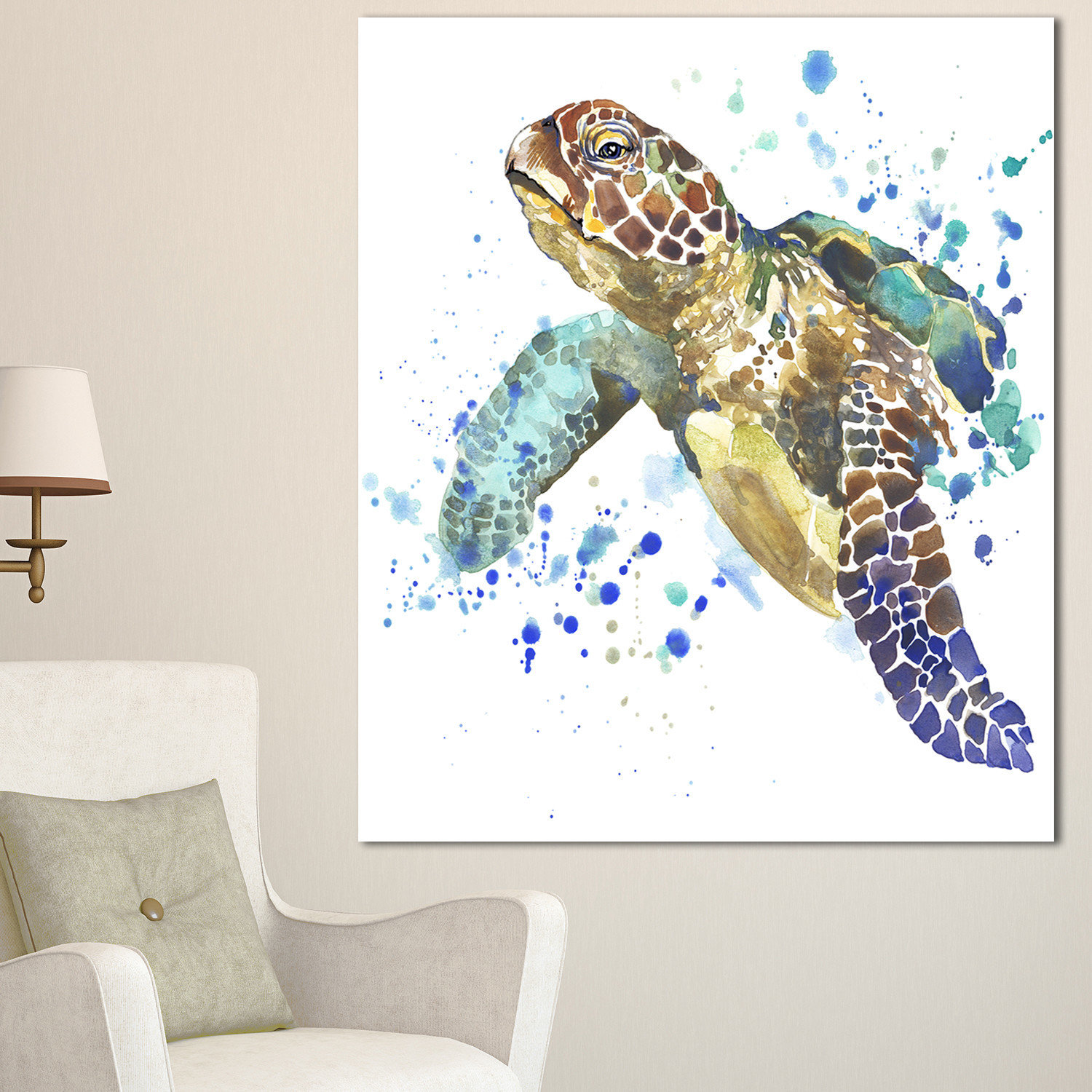 Designart - Blue Sea Turtle - Animal Canvas Art Print, 30"x40" - Beach ...