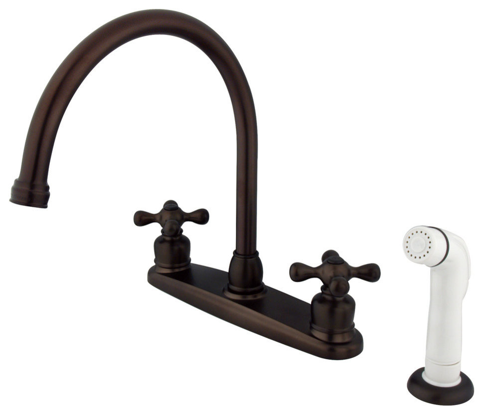 Vintage Double Handle Goose Neck Kitchen Faucet with White Sprayer ...