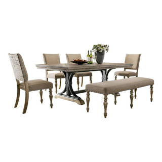 8 Pcs Dining Set, Microfiber Cushioned Bench & Chairs With Black Script ...