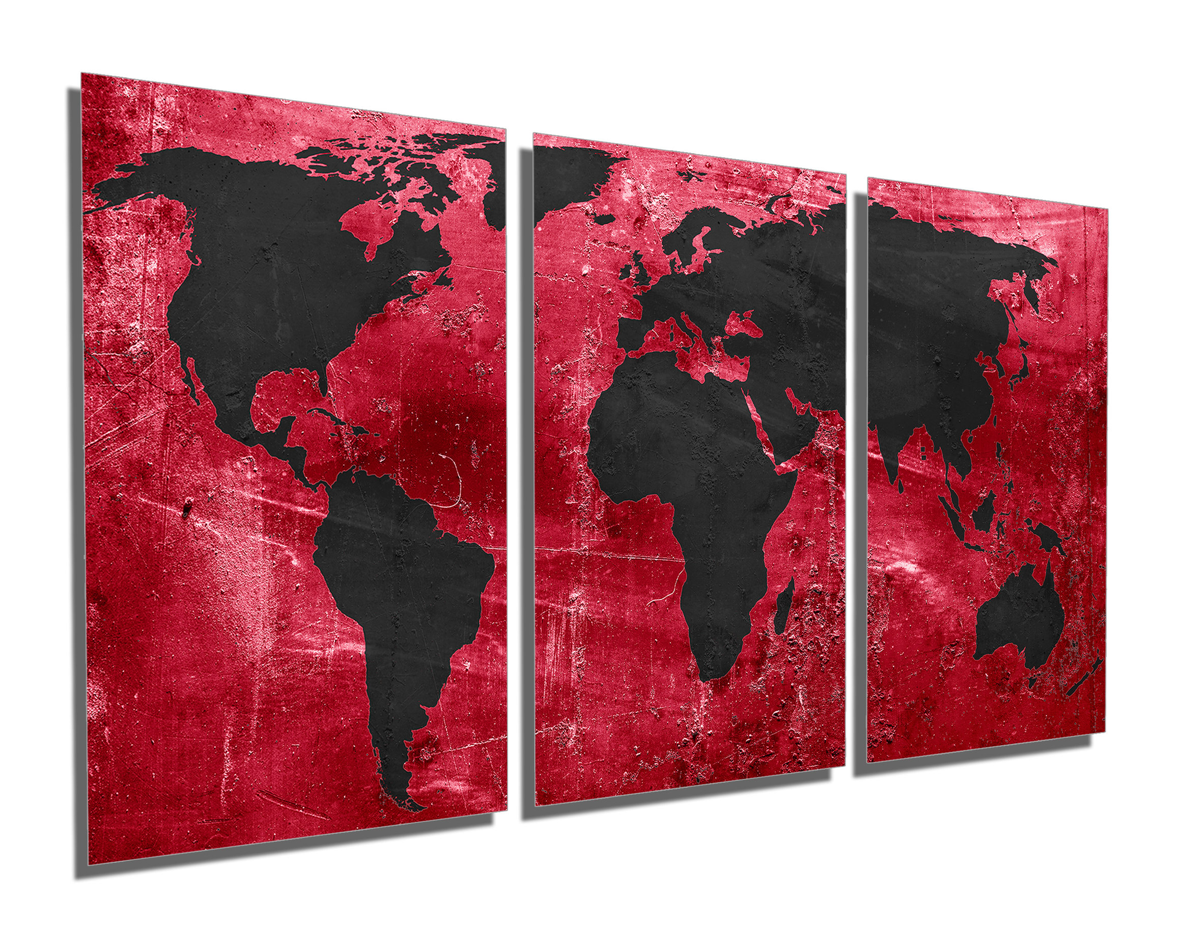 Red And Black World Map Metal Print Wall Art, 3 Panel Split, Triptych ...