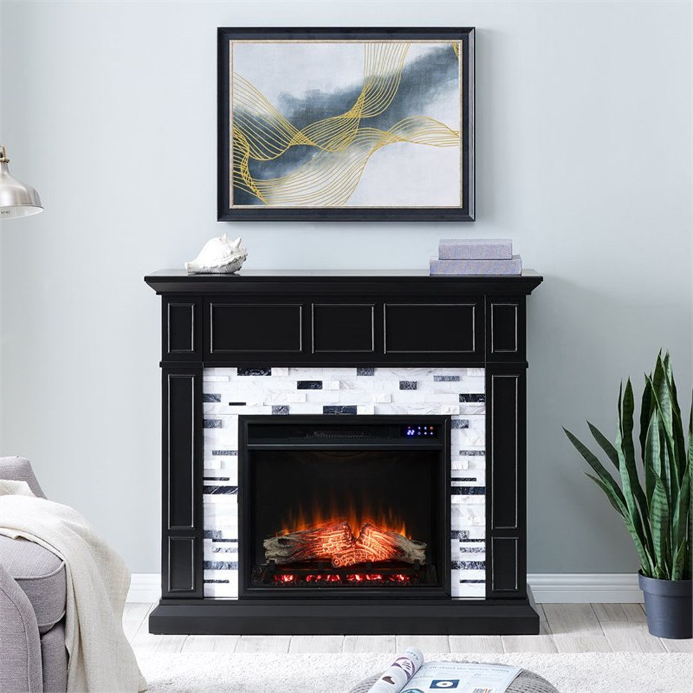 Bowery Hill Modern Wood-Marble Electric Fireplace in Black Finish ...