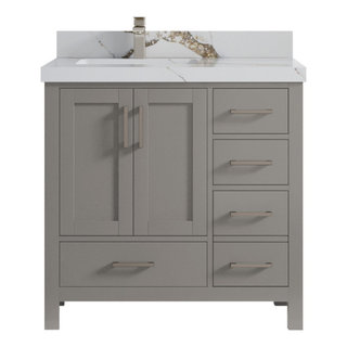 Santa Monica 36" Left Offset Bath Vanity, Graywashed Teak 2" Calacatta ...
