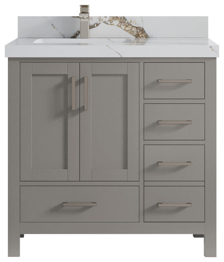 Santa Monica 36" Left Offset Bath Vanity, Graywashed Teak 2" Calacatta ...