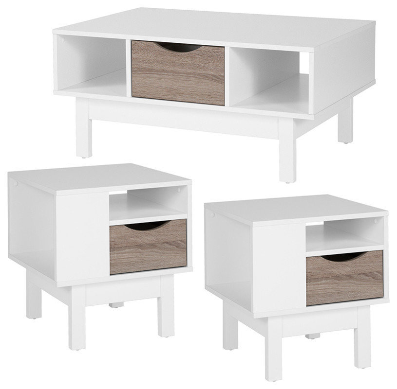 3 Piece Coffee and End Table in White Finish with Oak Wood Grain ...