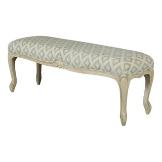 Vintage Carved Wood Upholstered Bench with Beige Seat and Gray Diamond ...