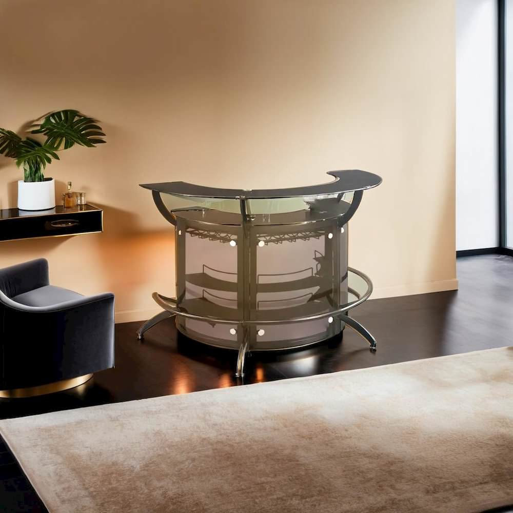 Sleek and Modern Two-Shelf Curved Bar Table in Black with Glass Accents ...