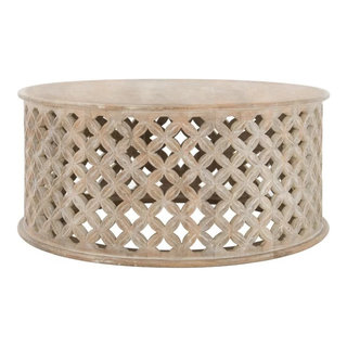 Rustic Coastal Round Coffee Table with Lattice Mango Wood Frame ...