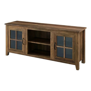 Transitional TV Console with Wood Doors, Window Pane Panels, and Center ...
