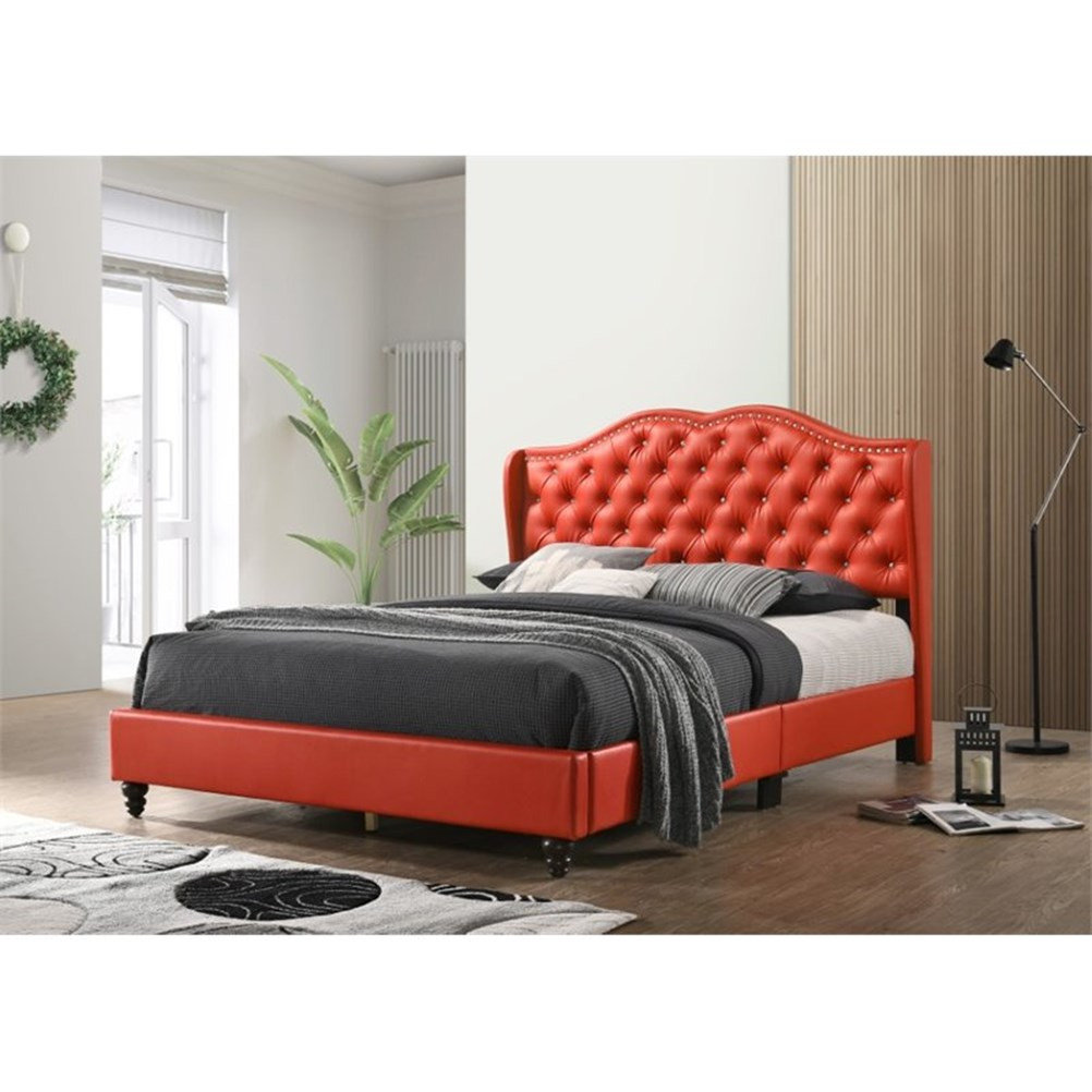 Maklaine Transitional Faux Leather Upholstered Full Bed in Red, Full ...
