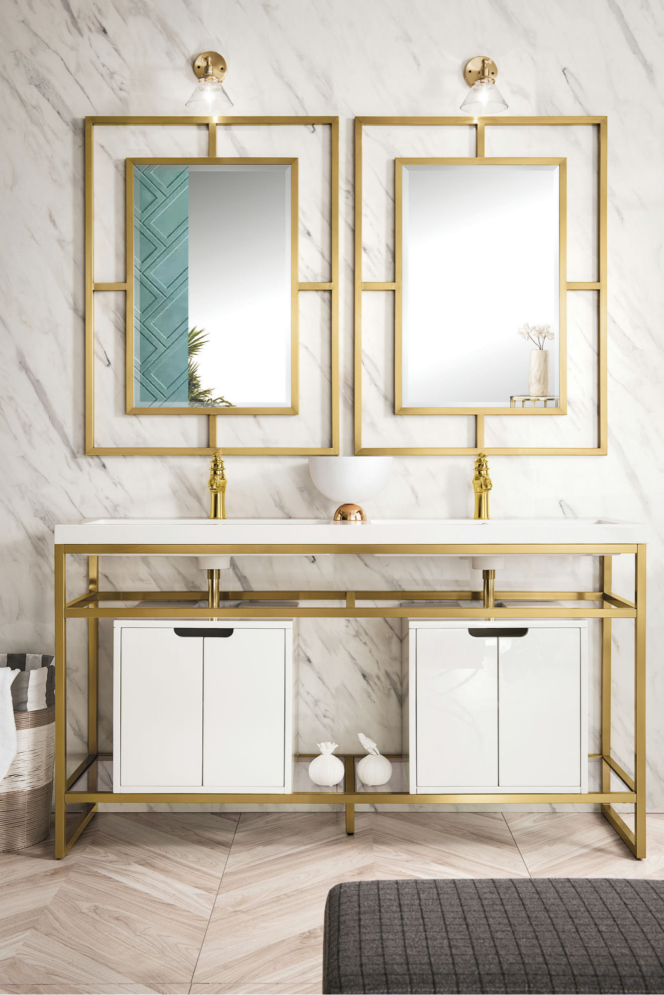 Boston 63" Sink Console Radiant Gold, White Storage Cabinet White ...