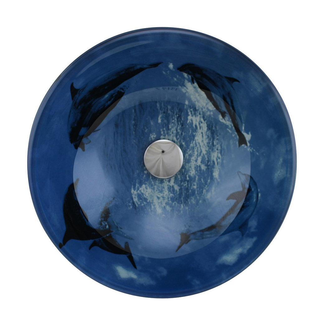 Tempered Glass Countertop Vessel Sink Blue Dolphin Round Bowl with ...