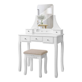 3 Piece Wooden Vanity Set with Frameless Mirror and Padded Stool, White ...