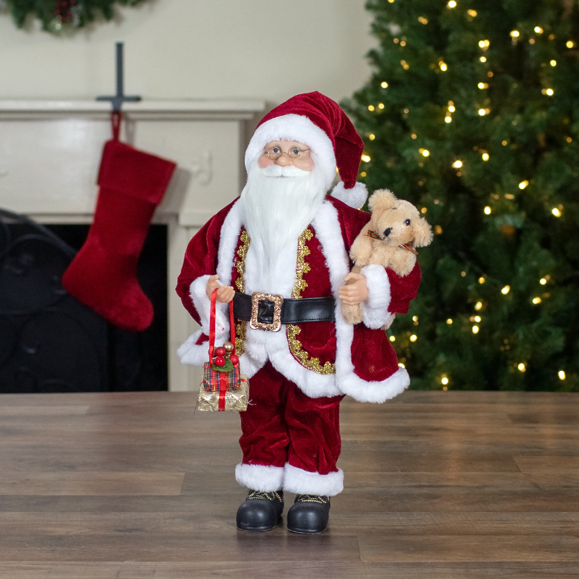 18" Standing Santa Christmas Figure with a Plush Brown Bear - Modern ...