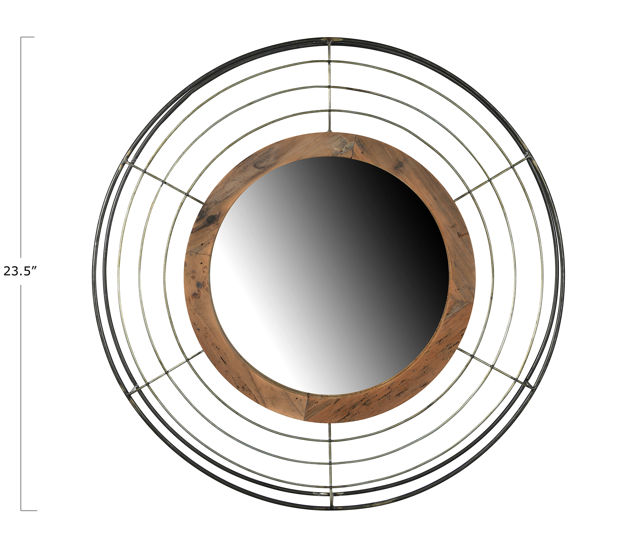 Round Wall Mirror With Wood Frame and Metal Wire Surround - Industrial ...