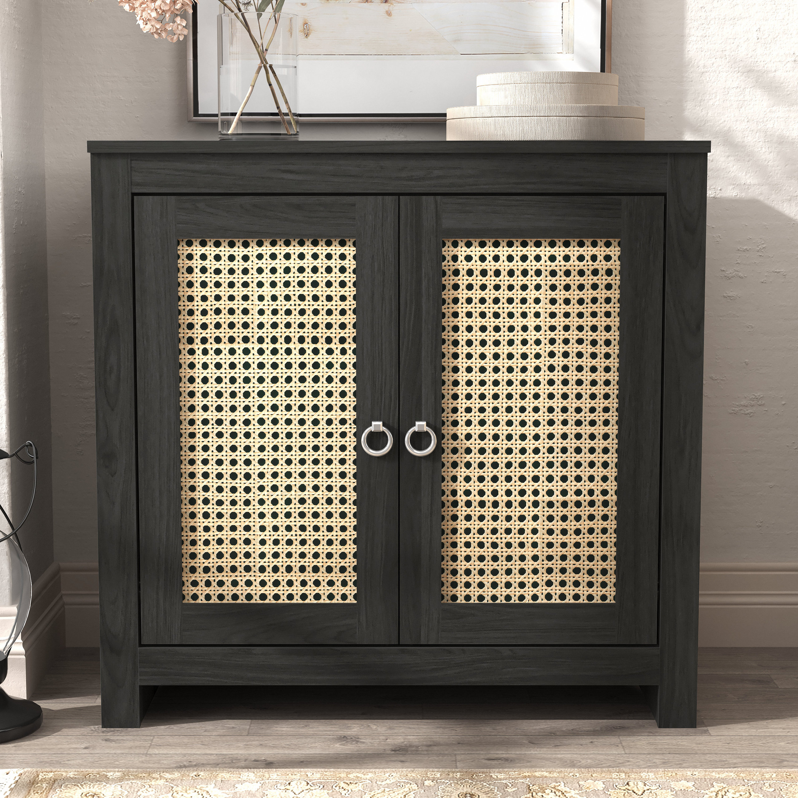 Joreen 2 Door Rustic Black Oak with Rattan Paper Accent Cabinet - Tropical - Accent Chests And ...