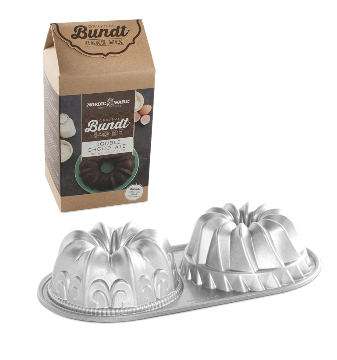 Nordic Ware Duet Cast Aluminum Bundt Pan with Double Chocolate Cake Mix ...