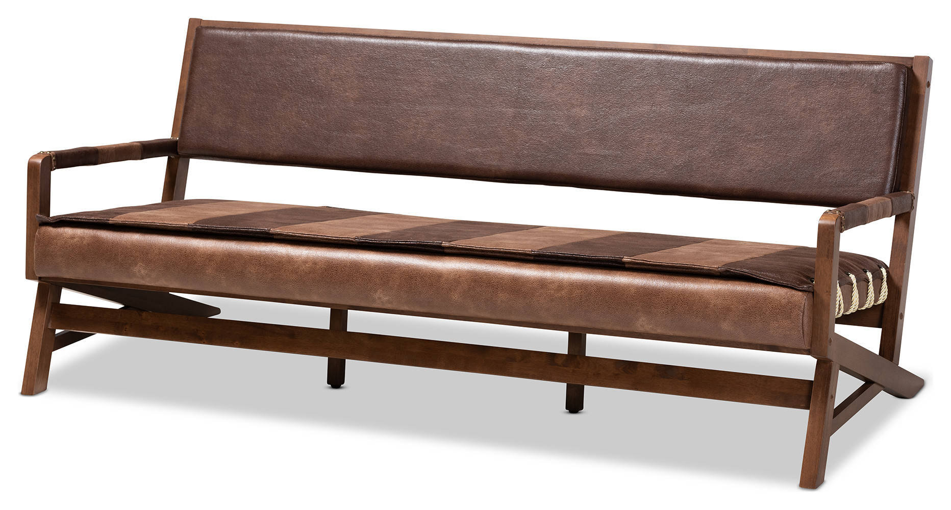Rovelyn Rustic Brown Faux Leather Effect Walnut Finished Wood Sofa ...