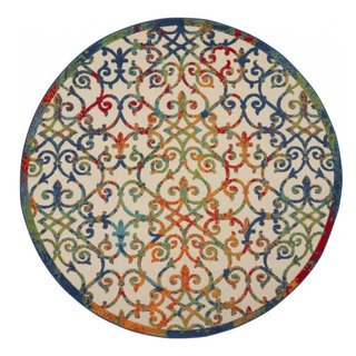 8' Round Ivory And Blue Round Floral Indoor Outdoor Area Rug ...