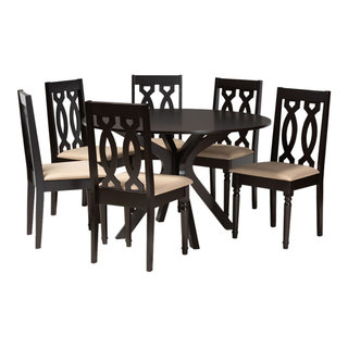 Catreen Modern Sand Fabric and Dark Brown Wood 7-Piece Dining Set ...