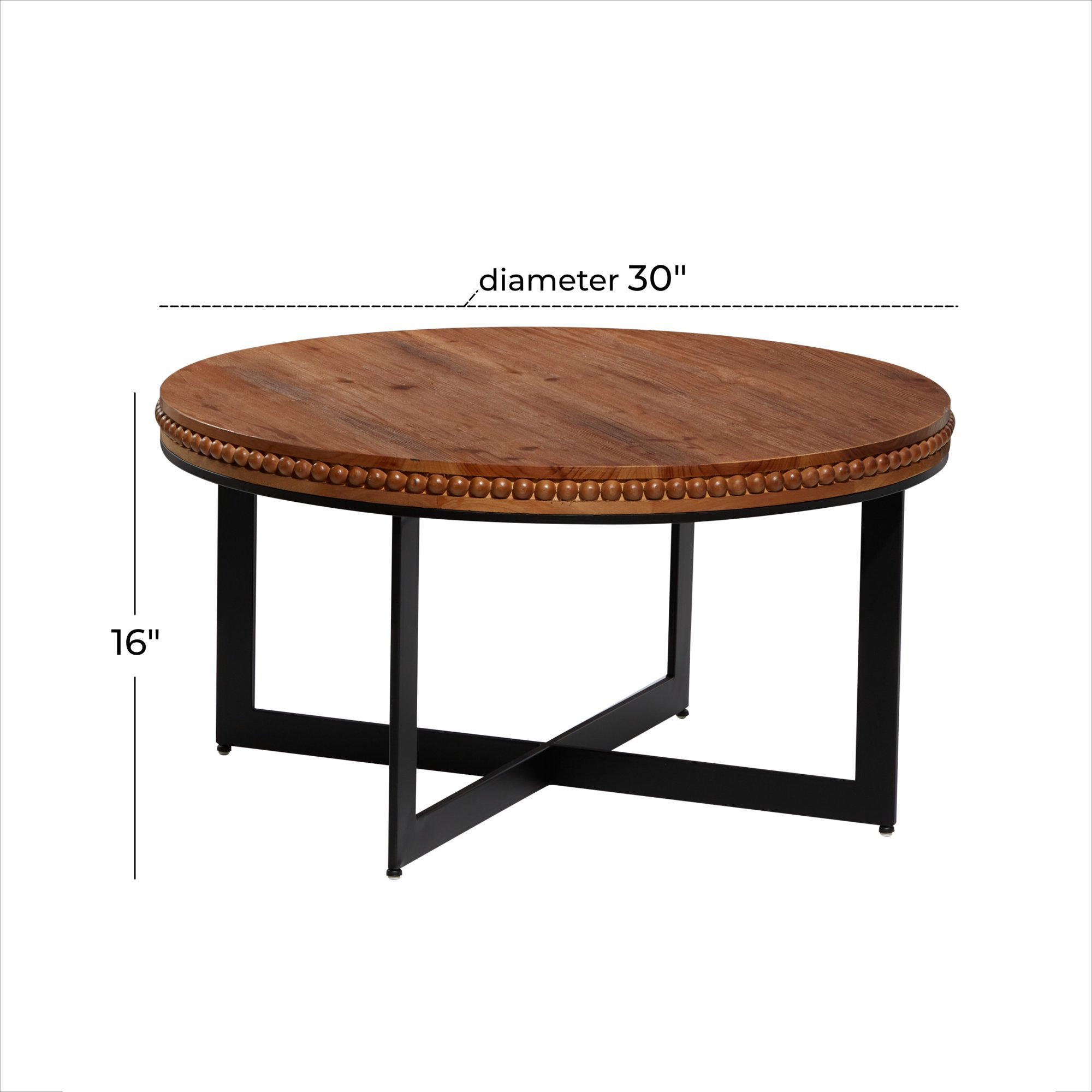 Rustic Industrial Coffee Table with Beaded Wood Top, X-Shaped Metal ...