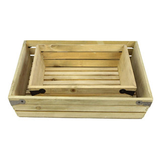 Set Of 2 Natural Wood Large And Small Square Crate With Metal Corner ...