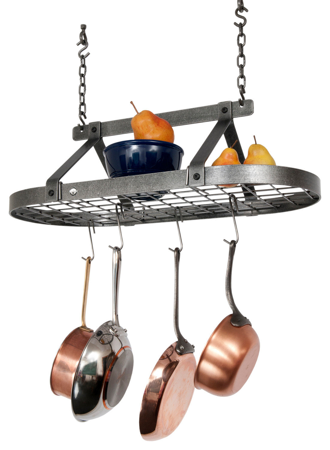 Handcrafted Classic Oval Ceiling Pot Rack w 12 Hooks Hammered Steel ...