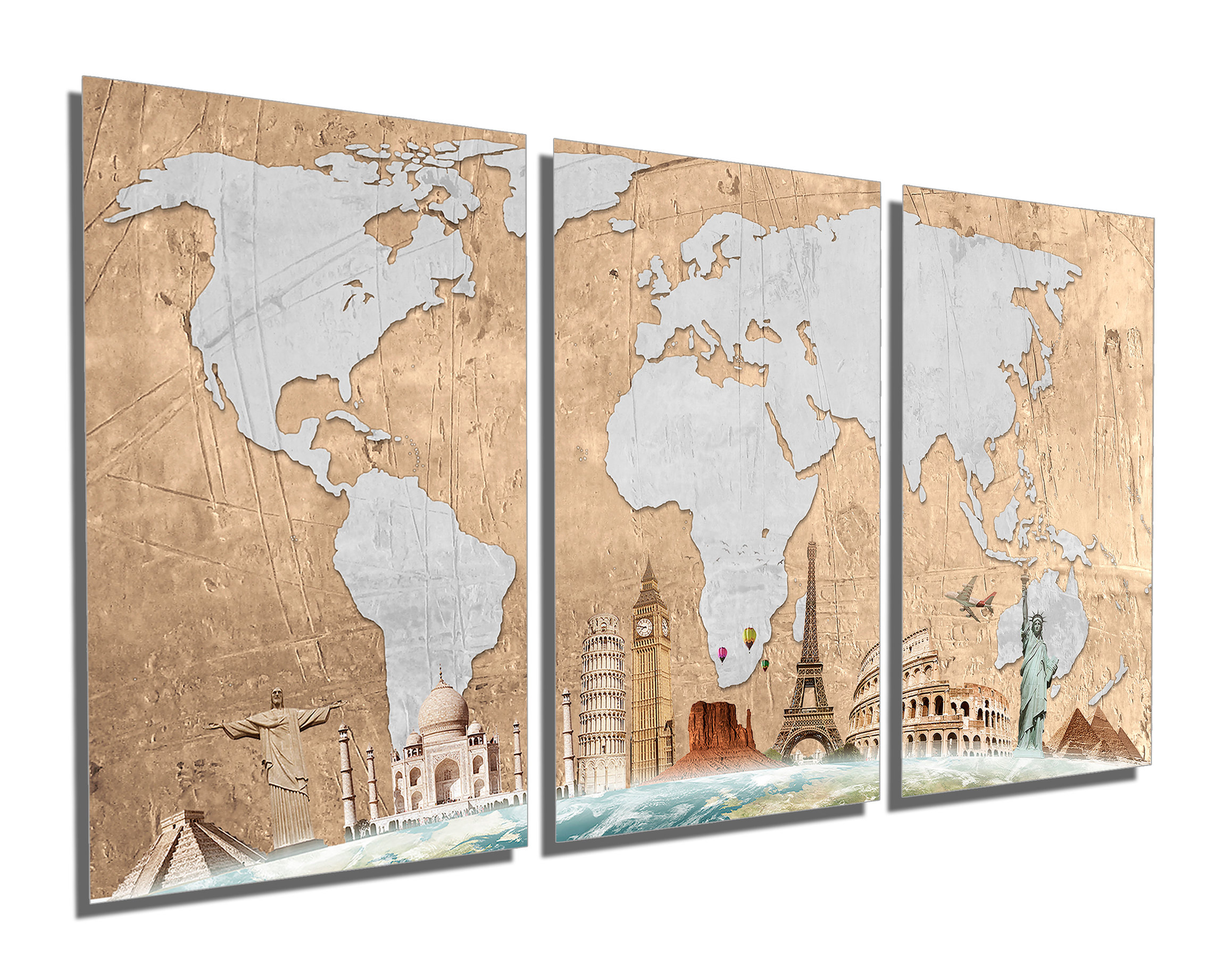 Raffia Beige Travel World Map, 3 Panel Split, Triptych Wall Art, 36x18 ...