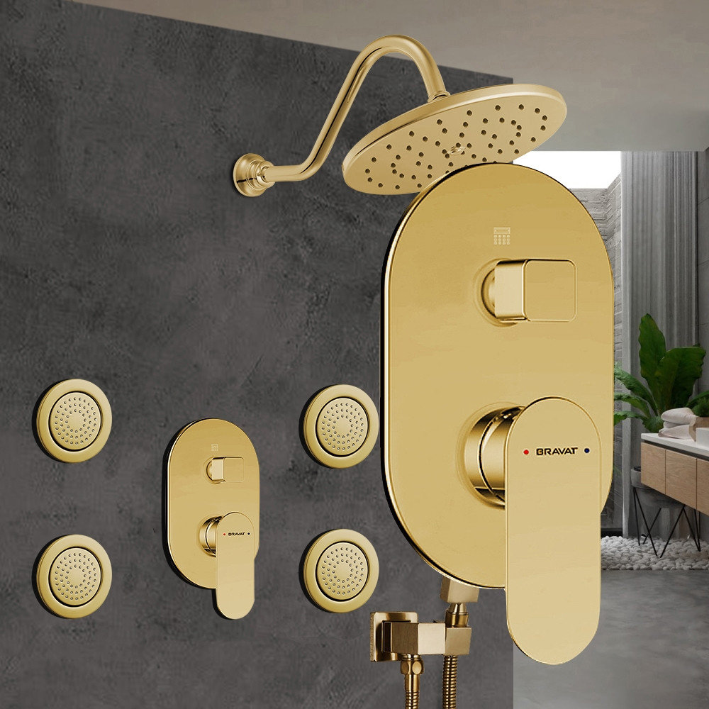 Bravat Wall Mounted Brushed Gold Shower Set, Valve Thermostatic Mixer 3 ...