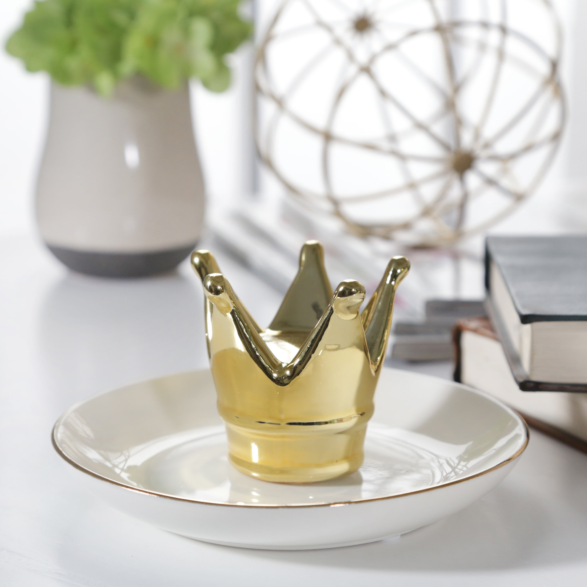 Ceramic 6" Crown Trinket Tray, White/Gold - Contemporary - Jewelry ...