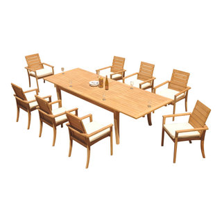 9-Piece Teak Dining Set: 122" X-Large Rectangle Table, 8 Alps Stacking ...