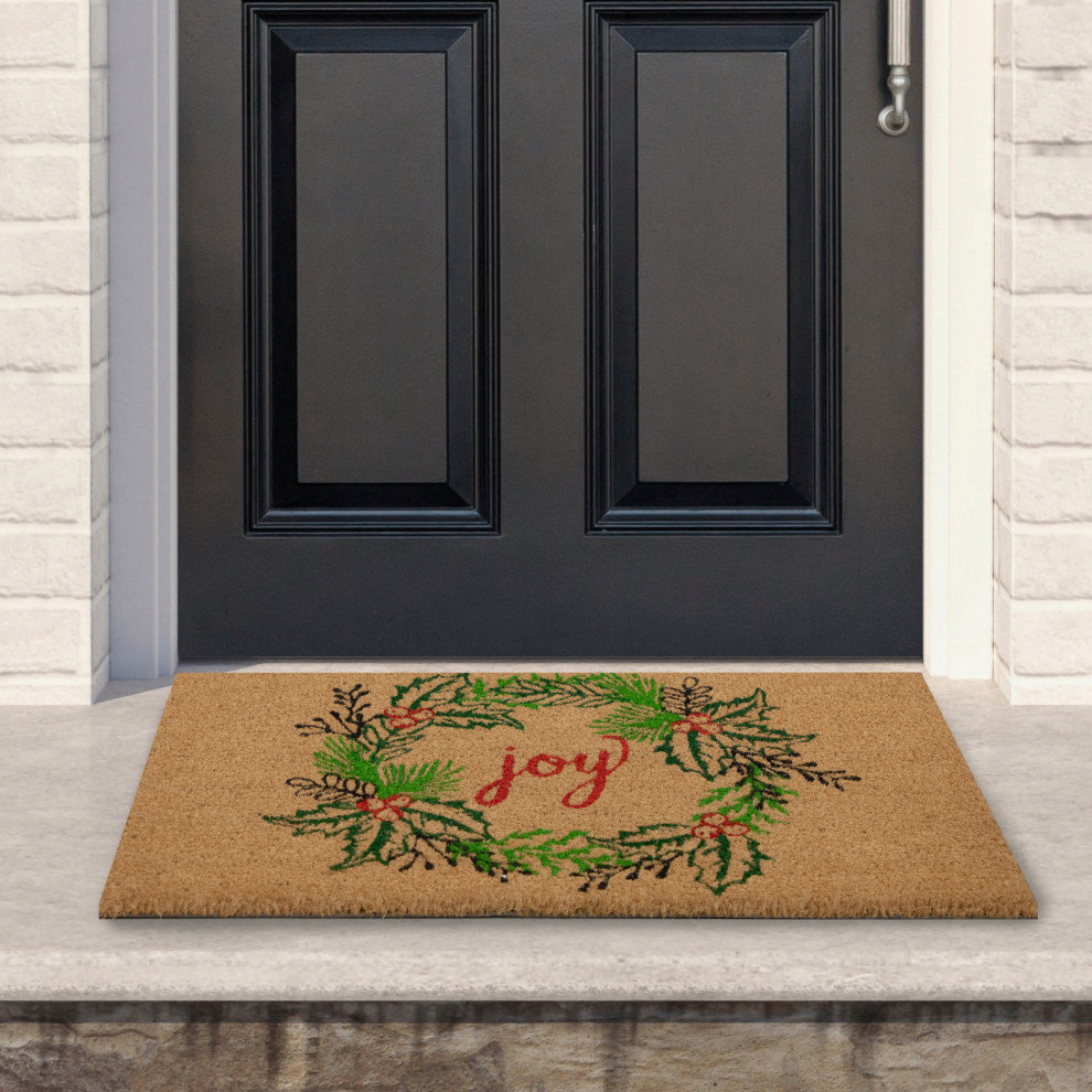 Natural Coir "Joy" Wreath Christmas Doormat 18"x30" - Contemporary ...