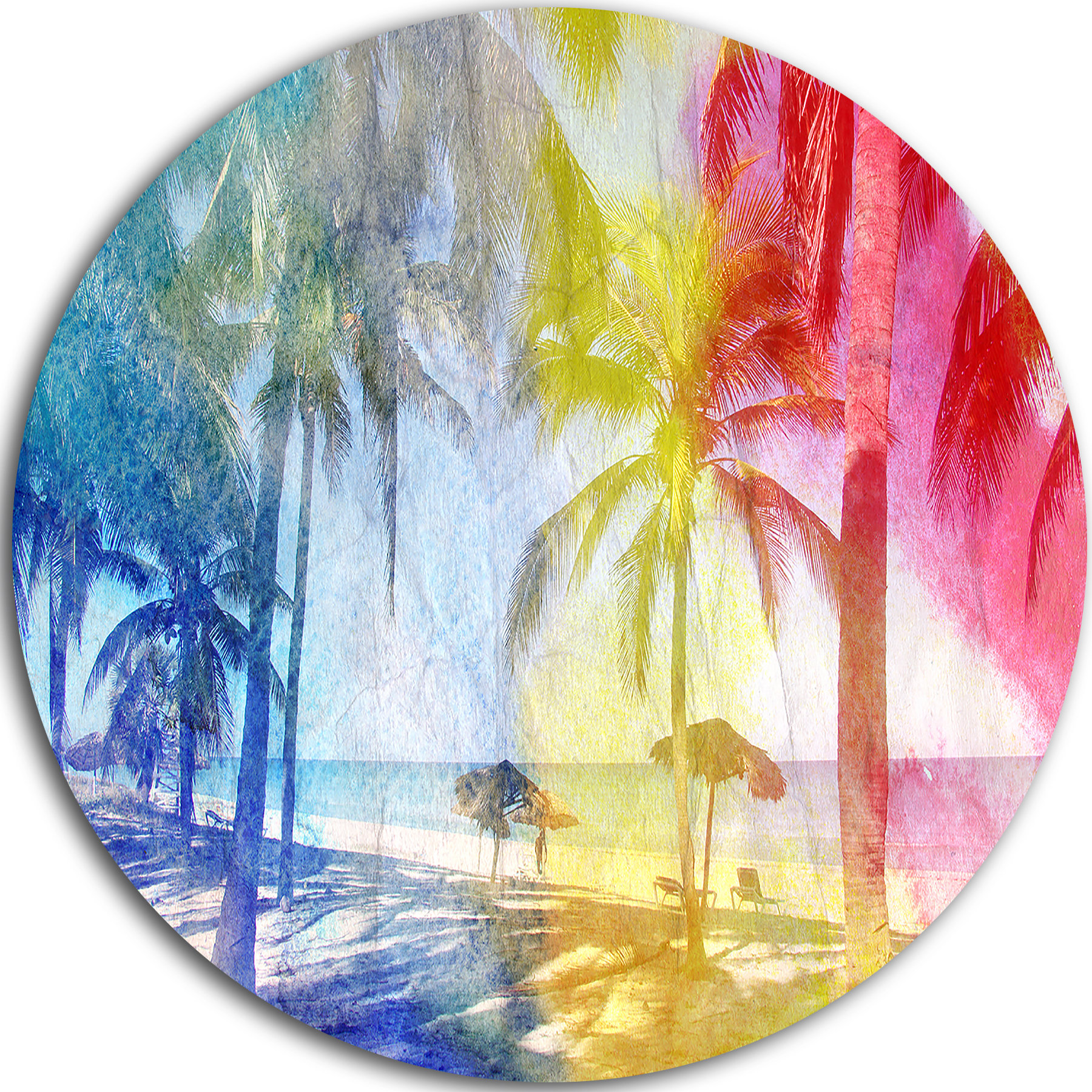 Blue Retro Palm Trees, Landscape Painting Disc Metal Artwork, Disc of ...