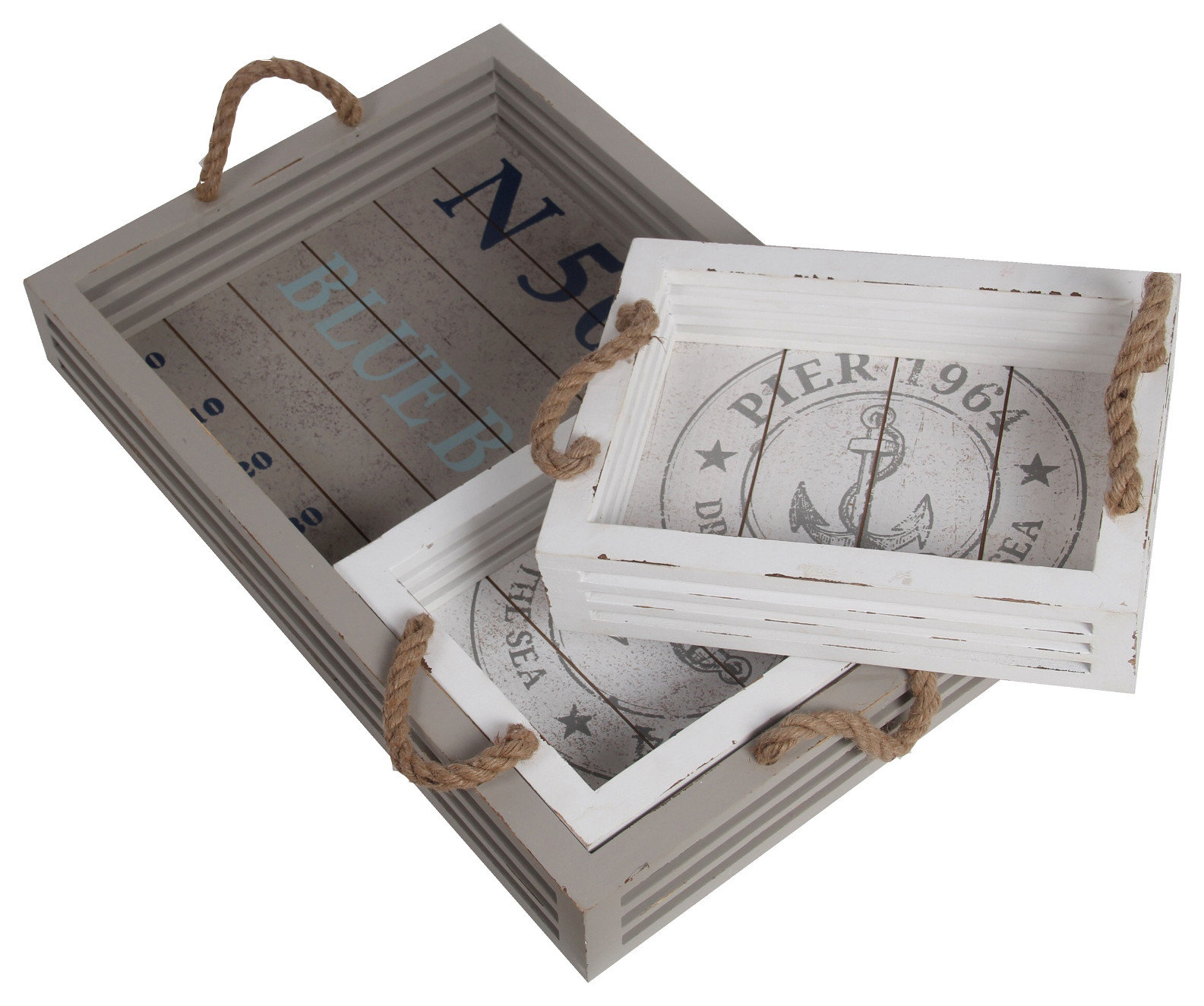 Benzara 3 Piece Coastal Wooden Tray Set with Nautical Imprint, White ...